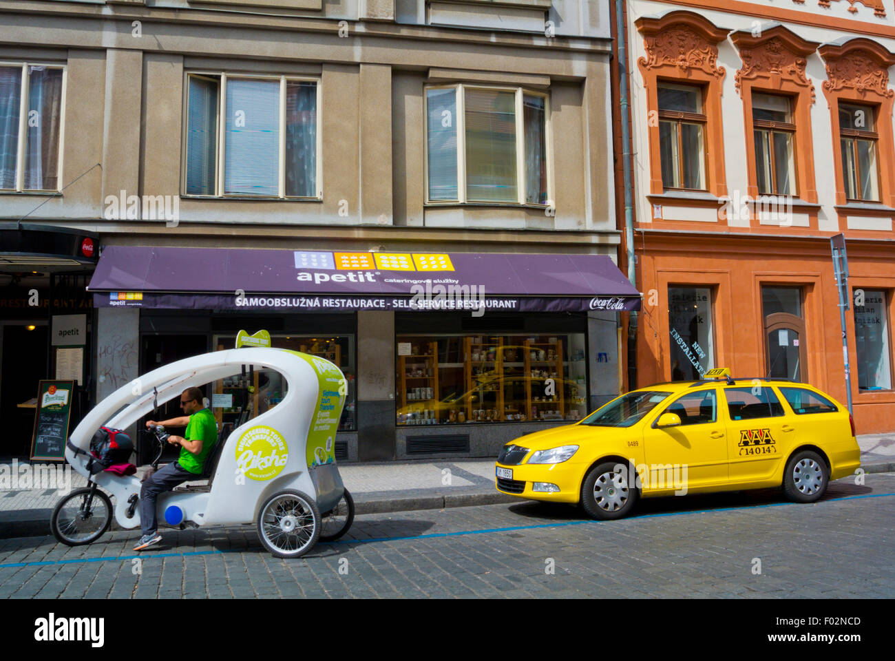 Rickshaw and taxi, Dlouha street, Stare Mesto, old town, Prague, Czech ...