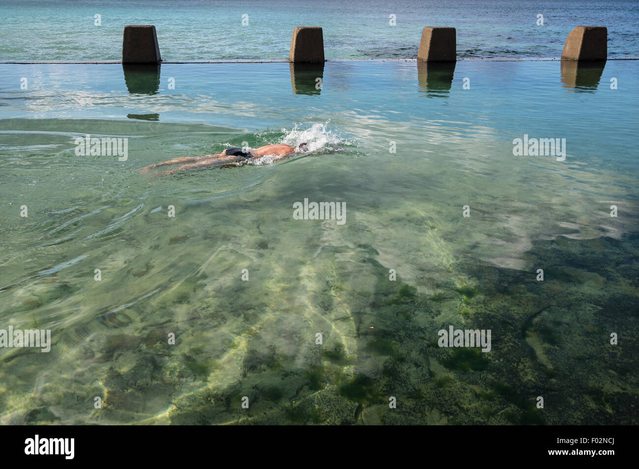 Man swimming in pool next to sea, Ross Jones Memorial Pool, Coogee ...