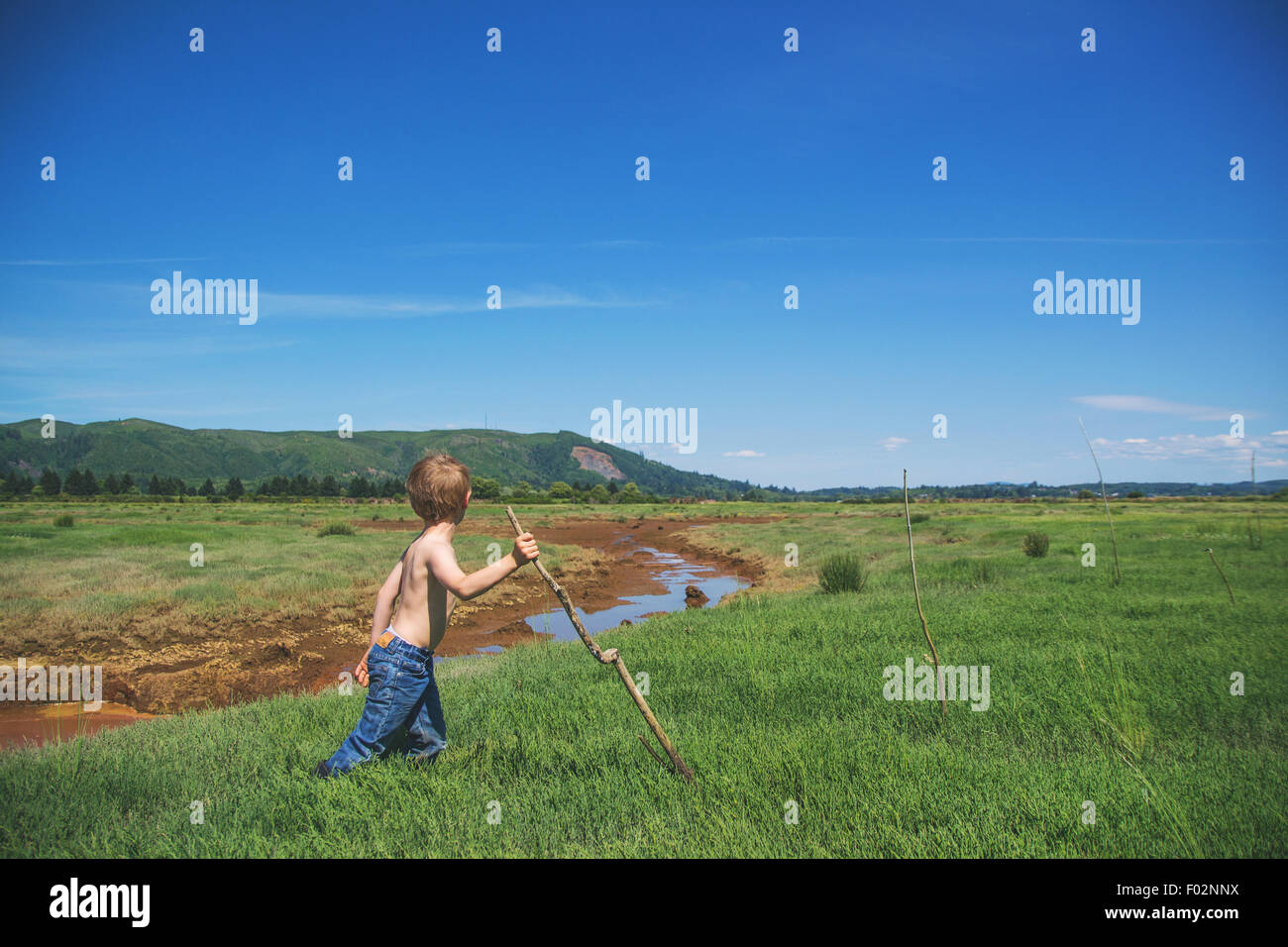 Boy with stick walking Stock Photo - Alamy