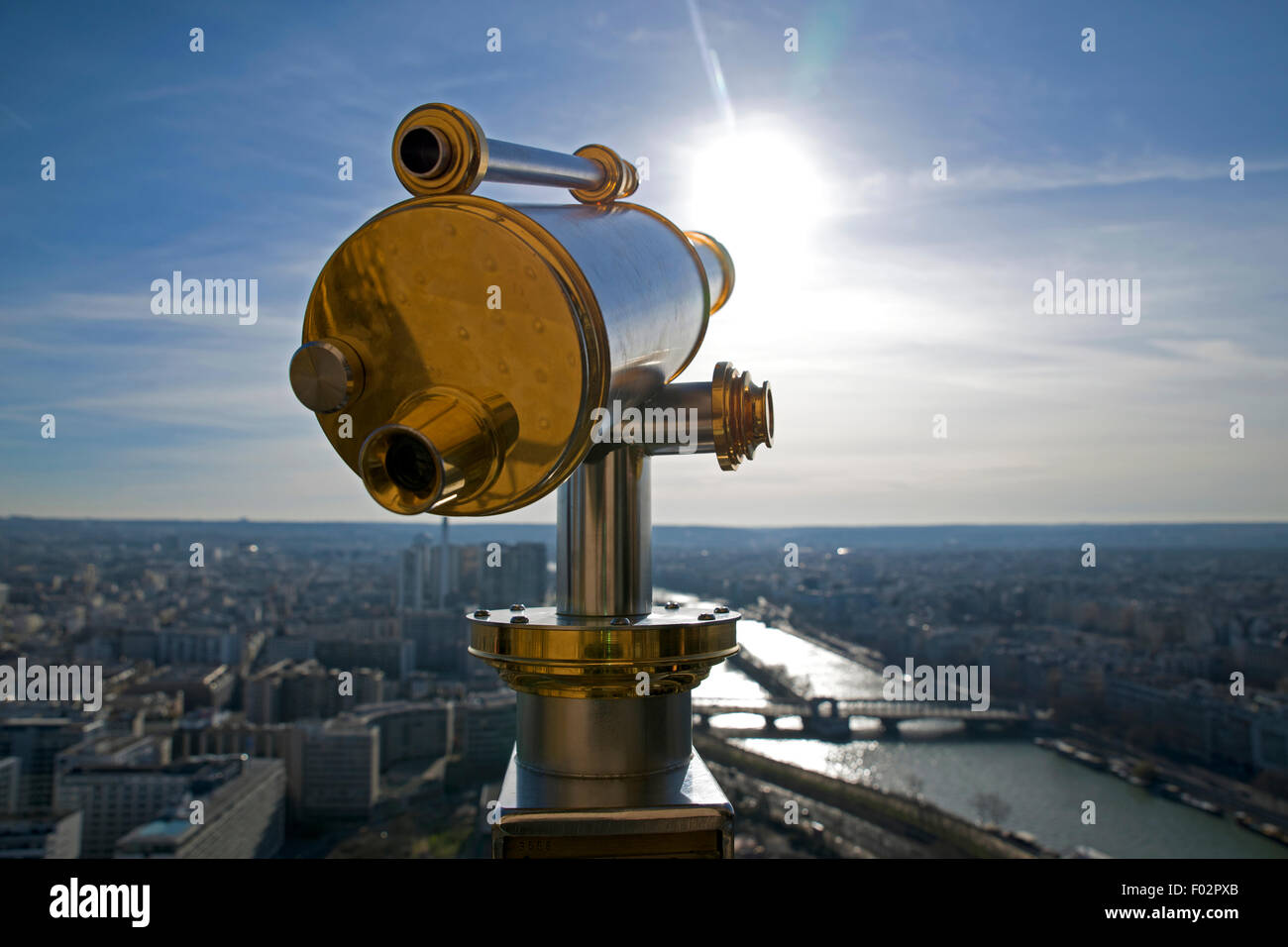Telescope and view from the top of the Eiffel tower, Paris Stock Photo ...