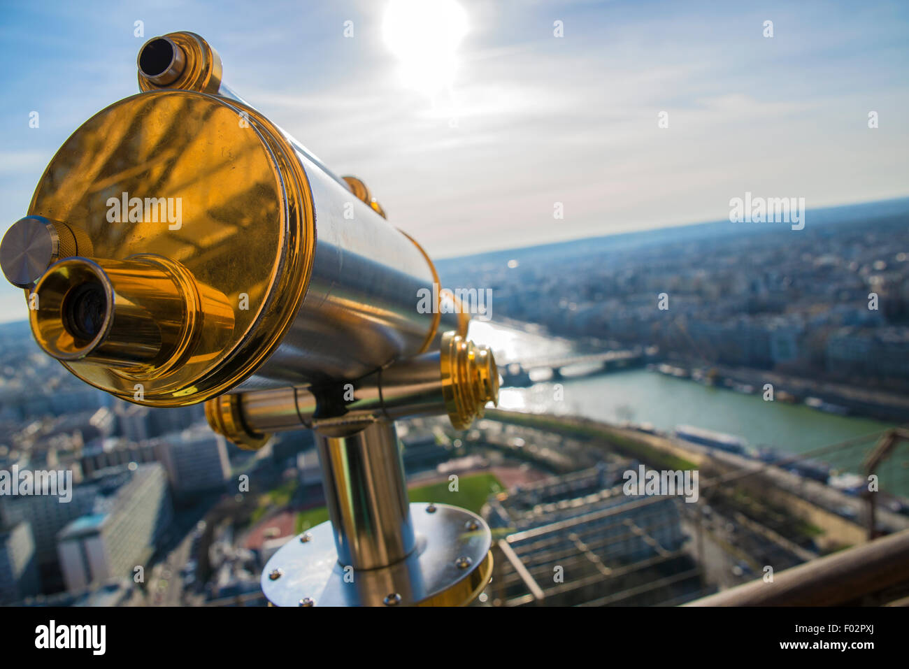 Telescope and view from the top of the Eiffel tower, Paris Stock Photo ...