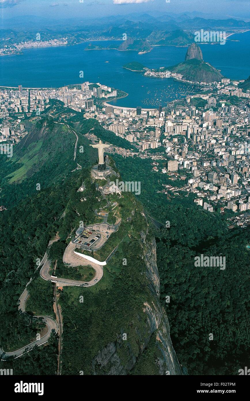 Aerial view of Rio de Janeiro, Corcovado and statue of Christ the ...