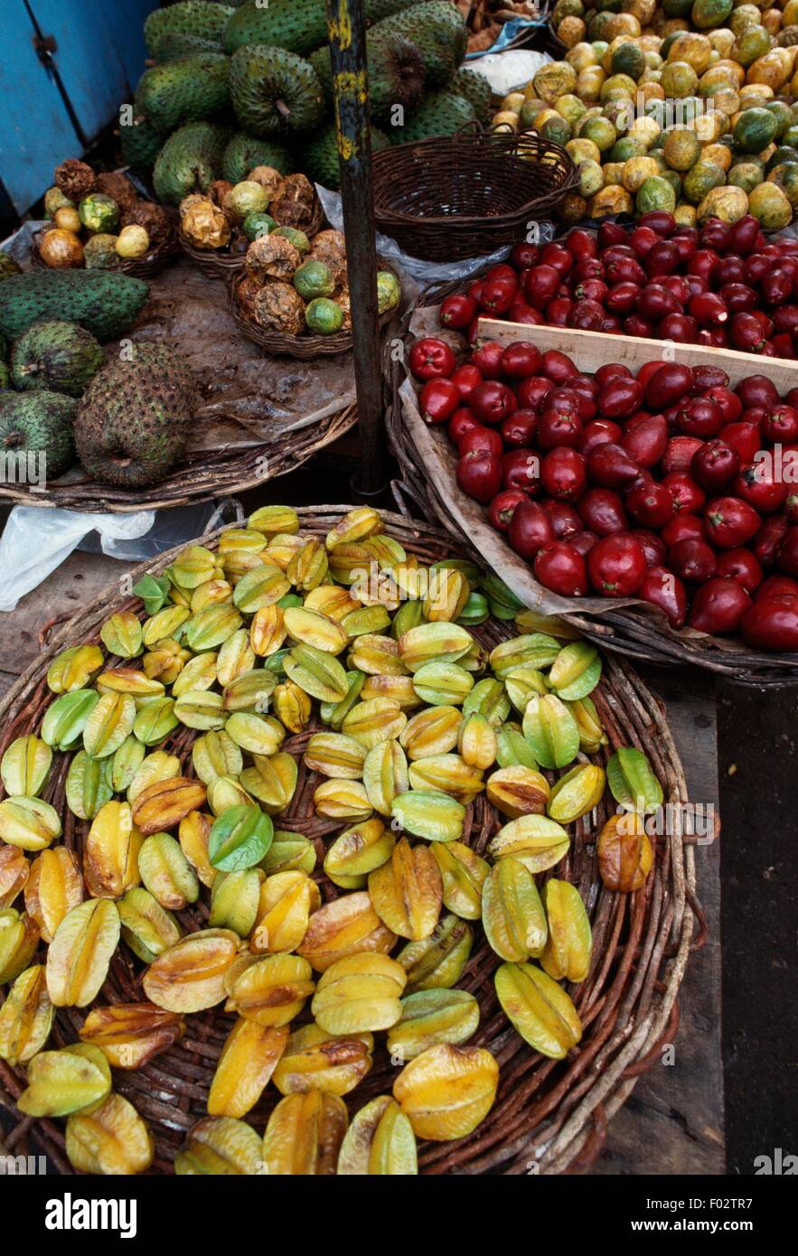 Baskets of fruit in a market in Recife, state of Pernambuco, Brazil ...