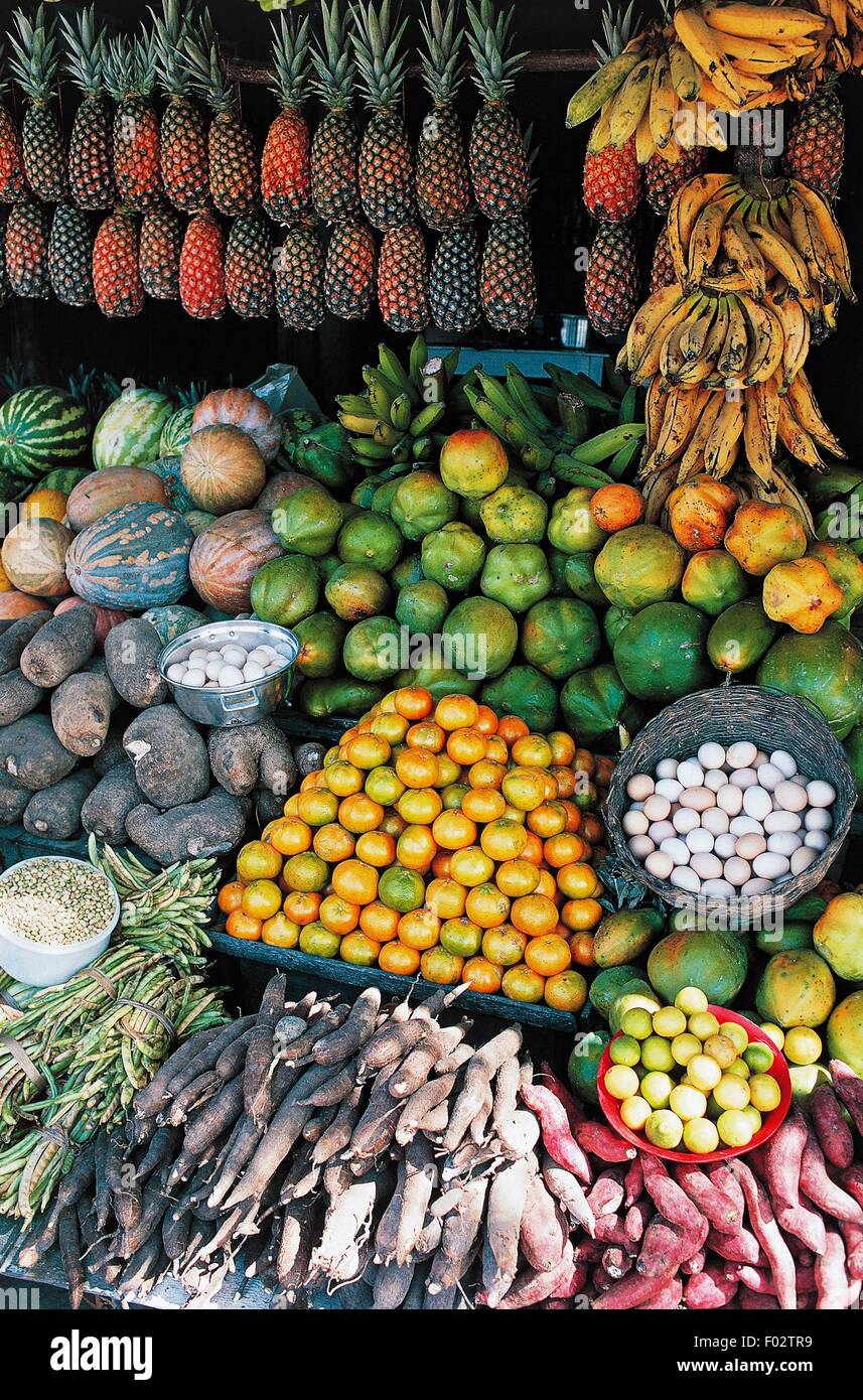Exotic fruit on display in a market stall in Recife, state of ...