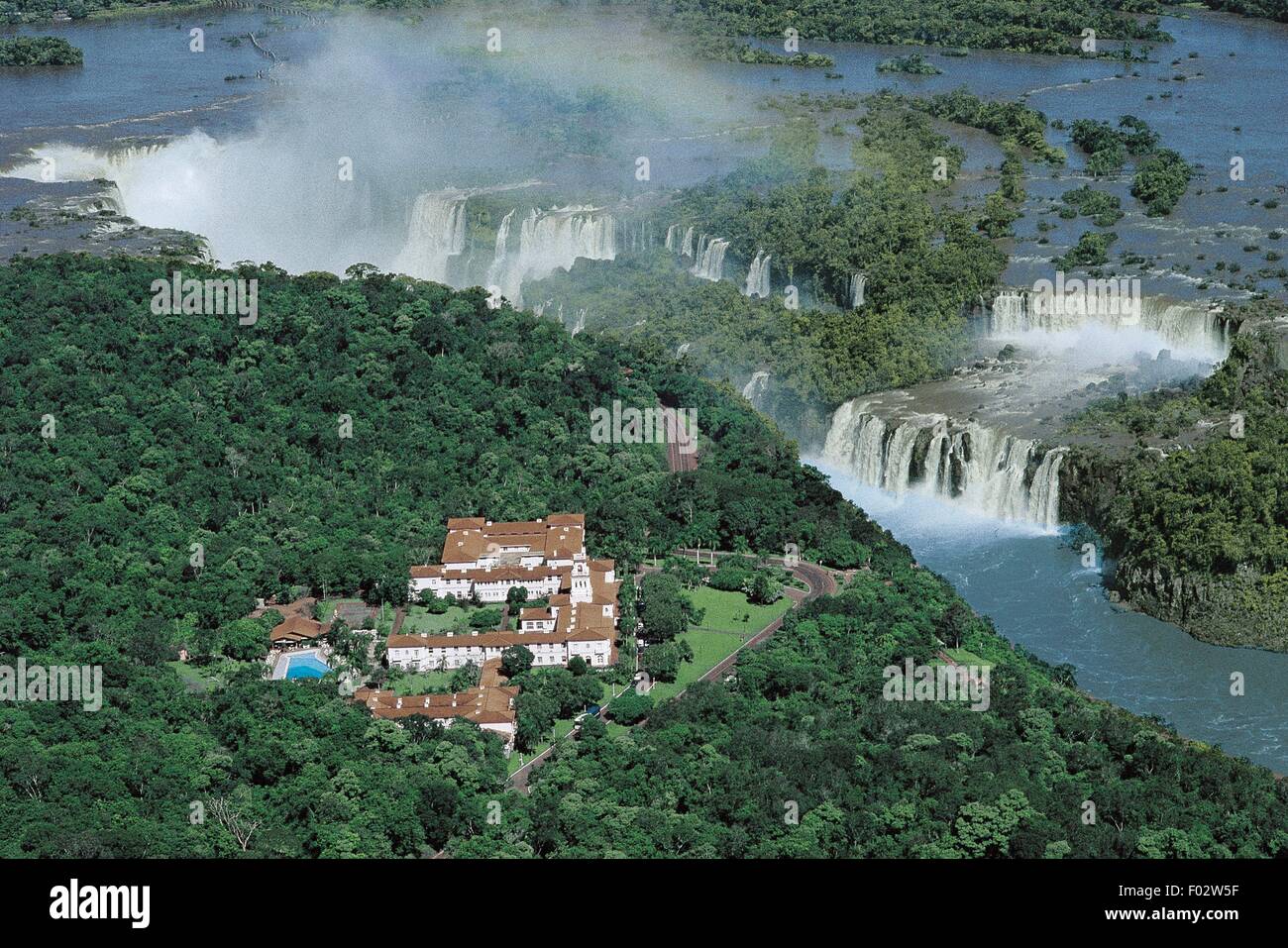 Aerial view of Iguacu or Iguazu waterfalls and Cataratas Hotel, Iguazu ...