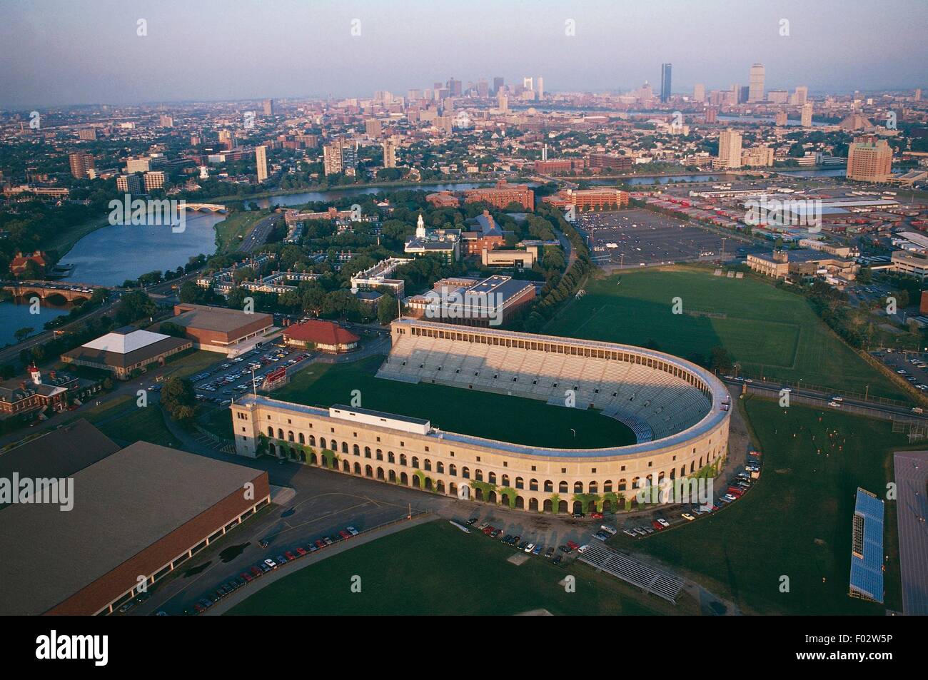 Aerial view of Boston with the stadium in the foreground, Cambridge and ...