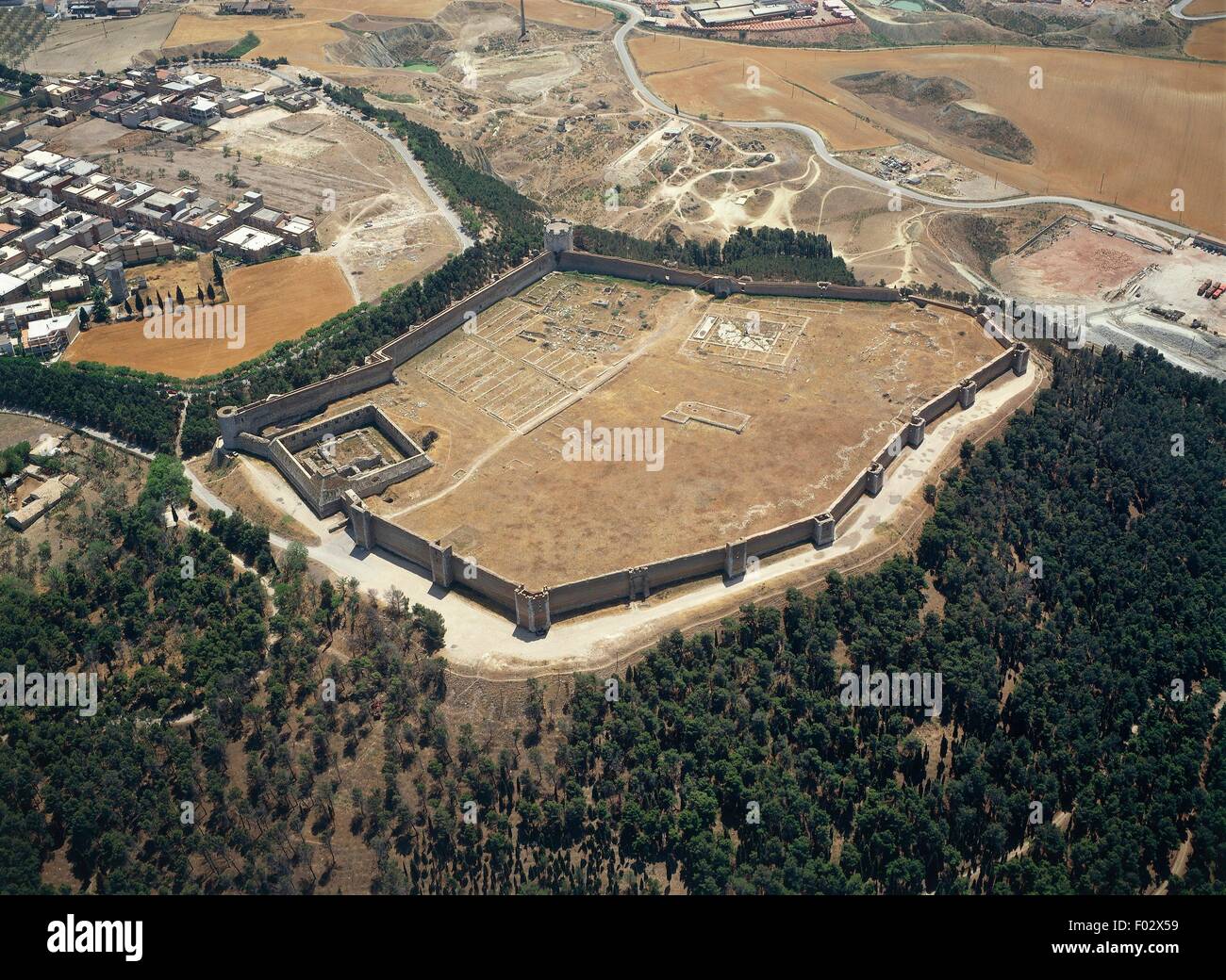 Aerial view of medieval walls and Roman ruins in the archaeological ...
