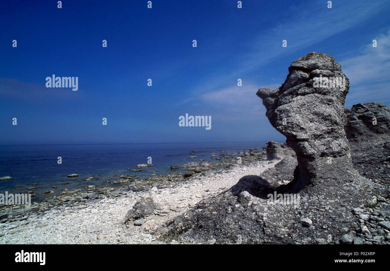 Ice Age stone monoliths known as rauks eroded into unusual shapes by ...
