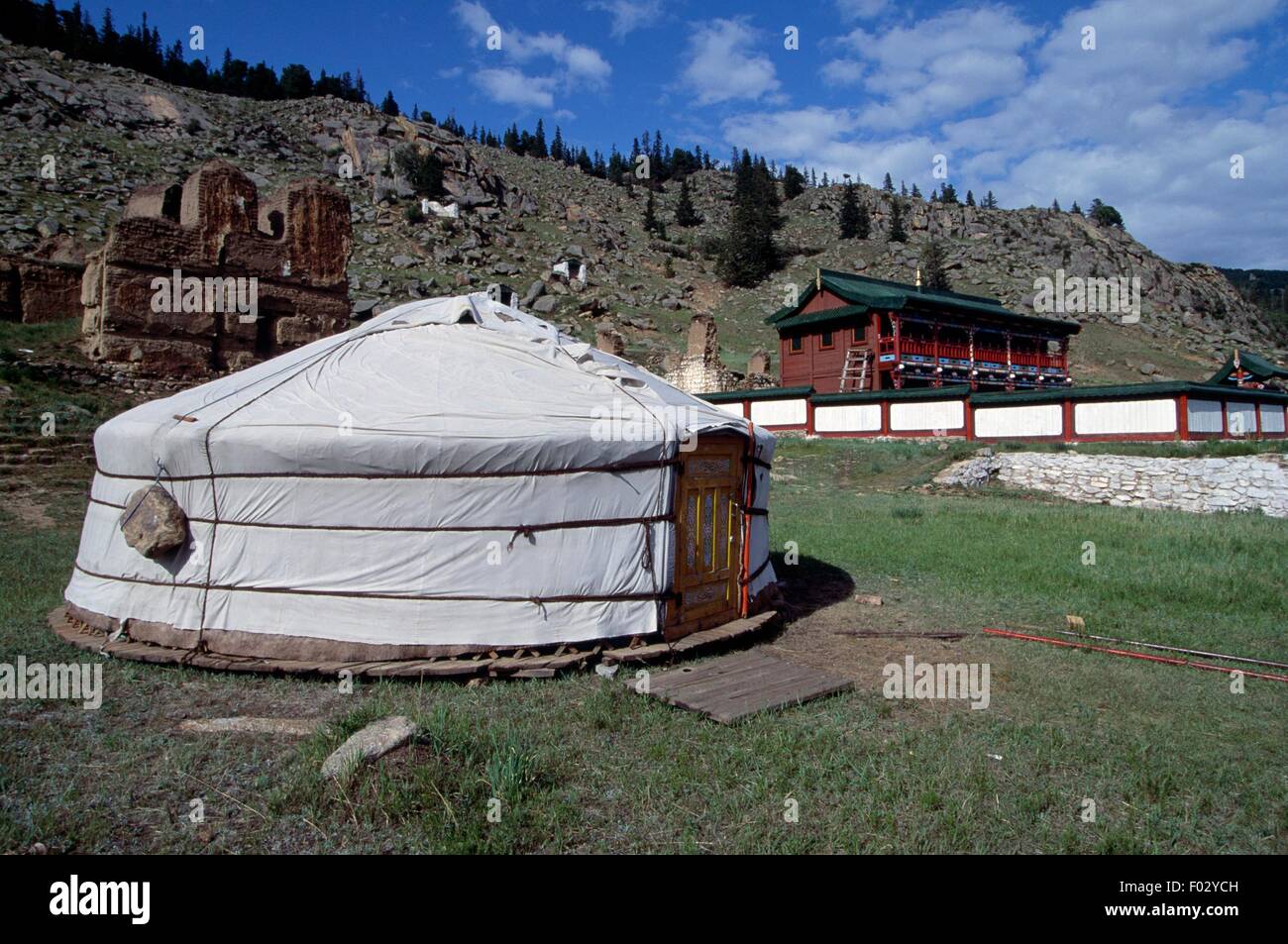 A yurt (home of the nomadic peoples of Asia) with Manchir monastery ...