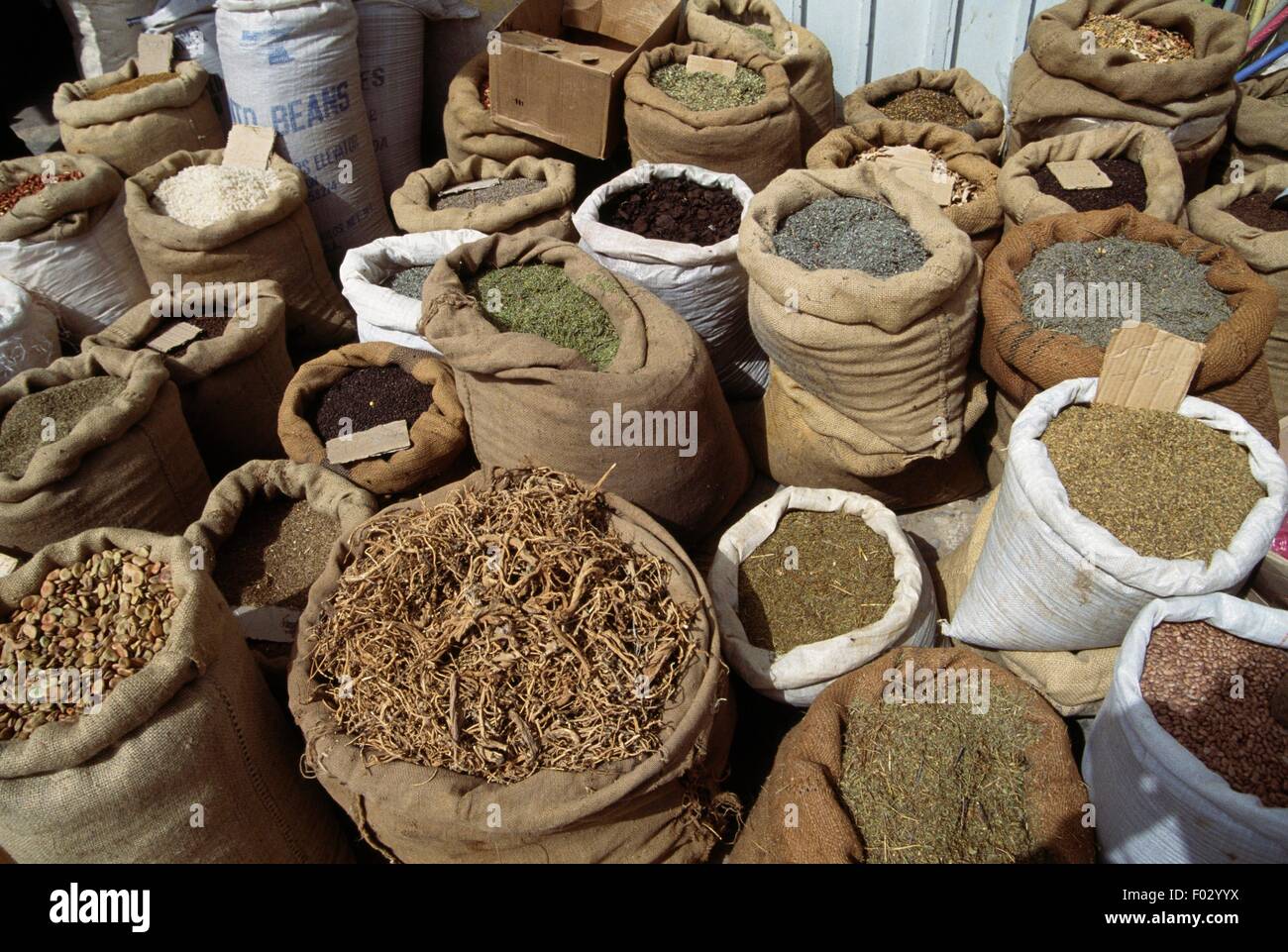 Bags of spices on display at the market, El Oued, Souf, Algeria Stock ...