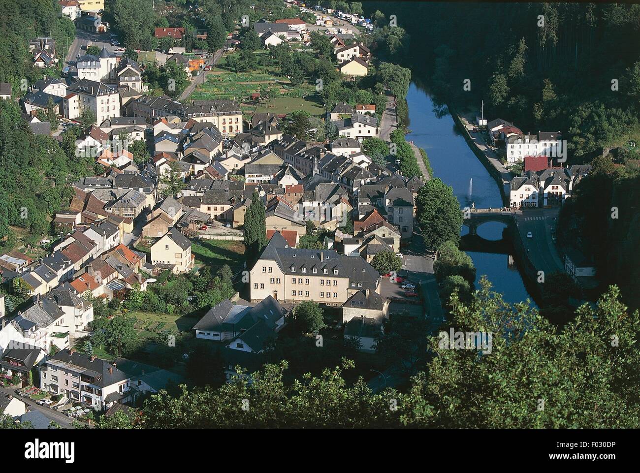 Aerial view of Vianden and the river Our - Oesling, Luxembourg Stock ...