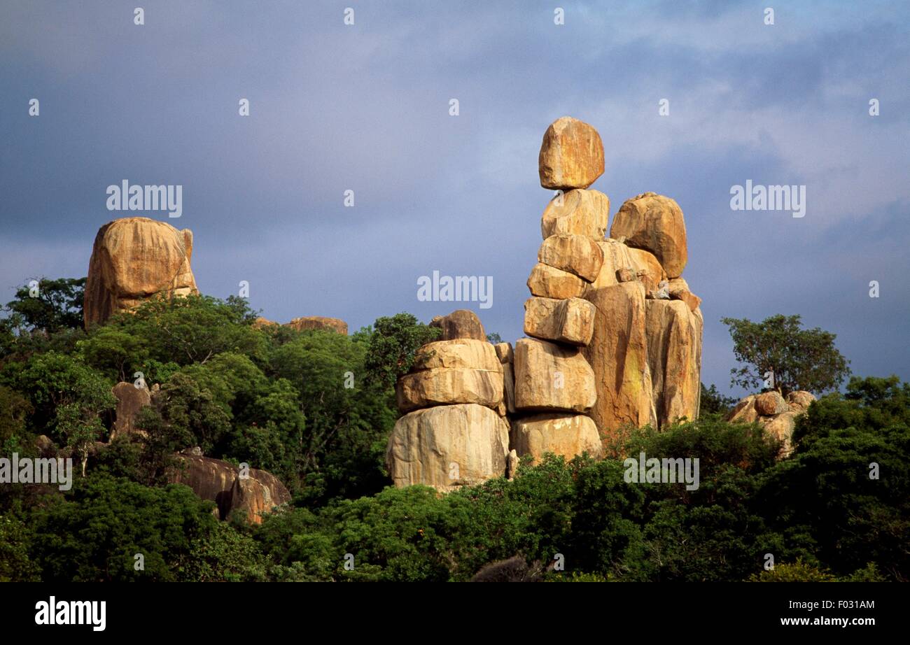 Mother and child, balancing rock formation from weathered granite ...