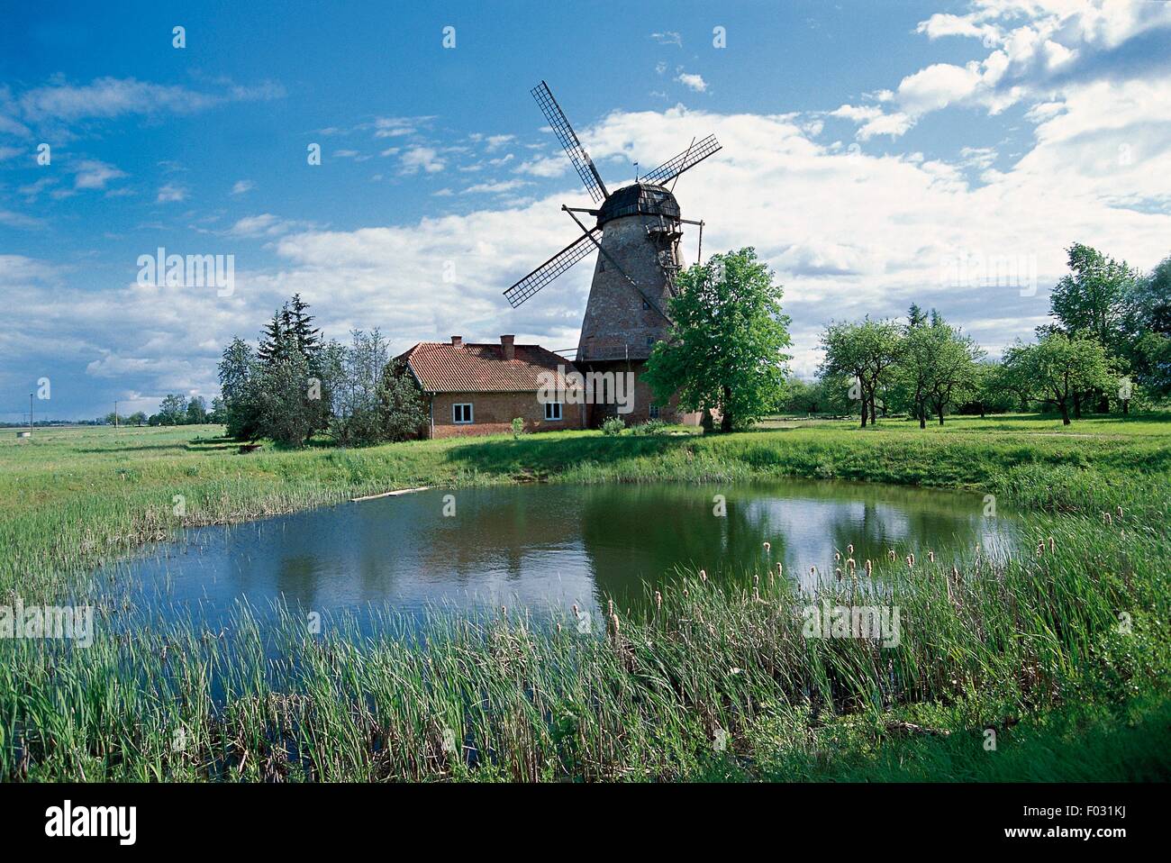 Windmill and pond, Eleja, Latvia Stock Photo - Alamy