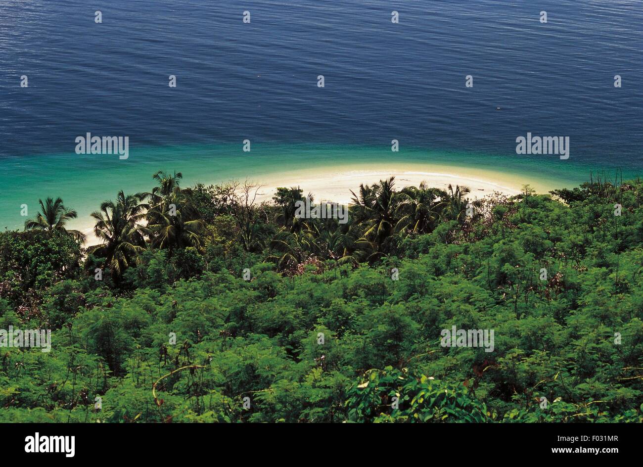 Aerial view of the rainforest and a sandy beach, Nosy Tanikely island ...