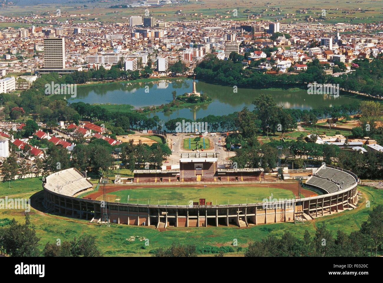 Aerial view of Antananarivo Stadium and Lake Anosy with war memorial ...