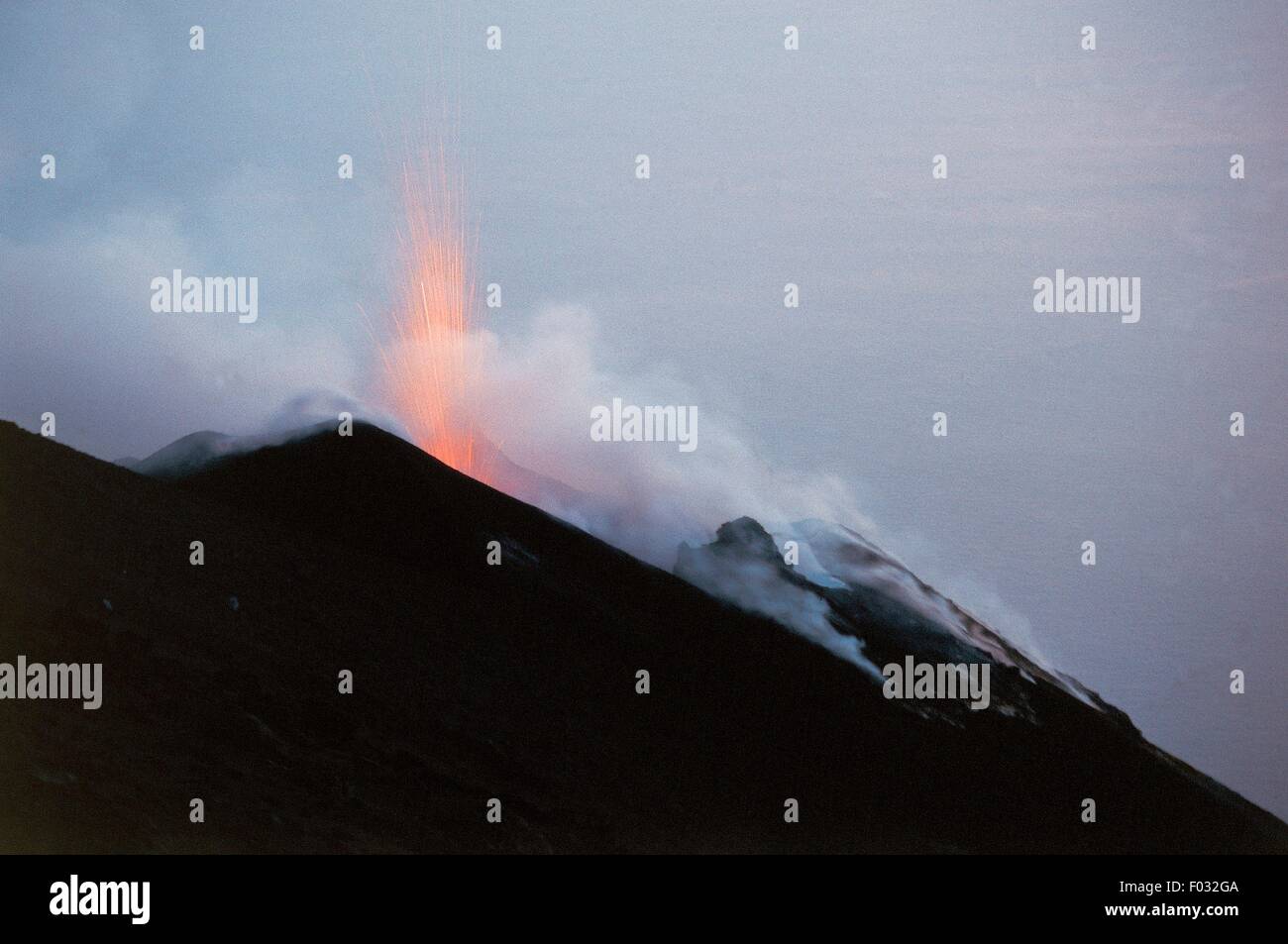 Solidified fragments of reddened lava (lapilli) from the crater of the ...