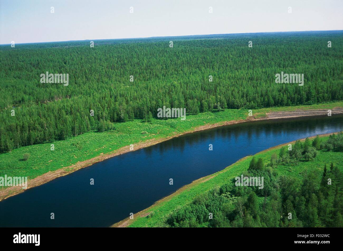 Aerial view of Yenisey River - Surroundings of Igarka, Siberia, Russia ...