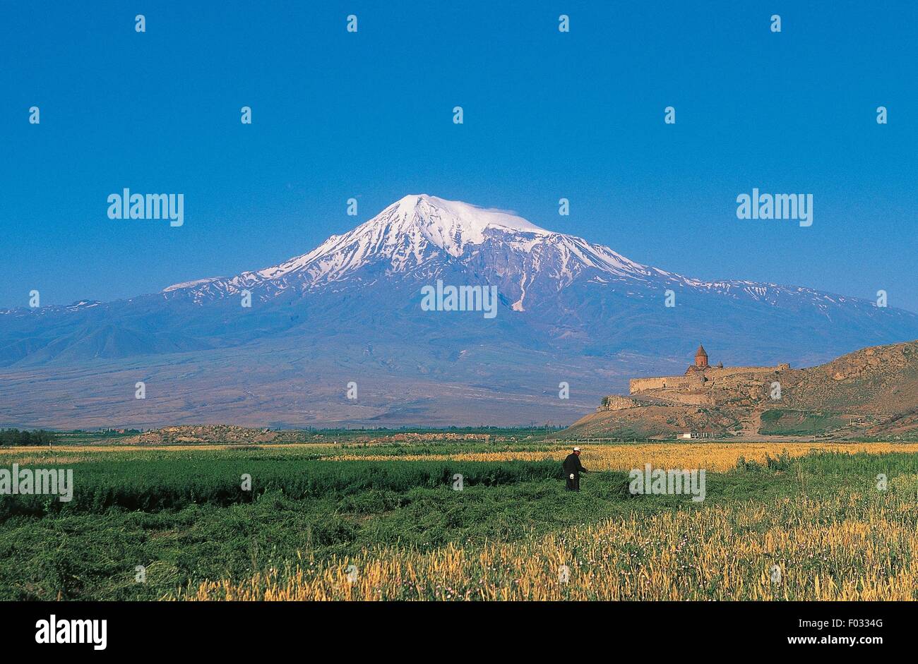 Cultivated fields, with Khor Virap monastery, 17th century, and Mount ...
