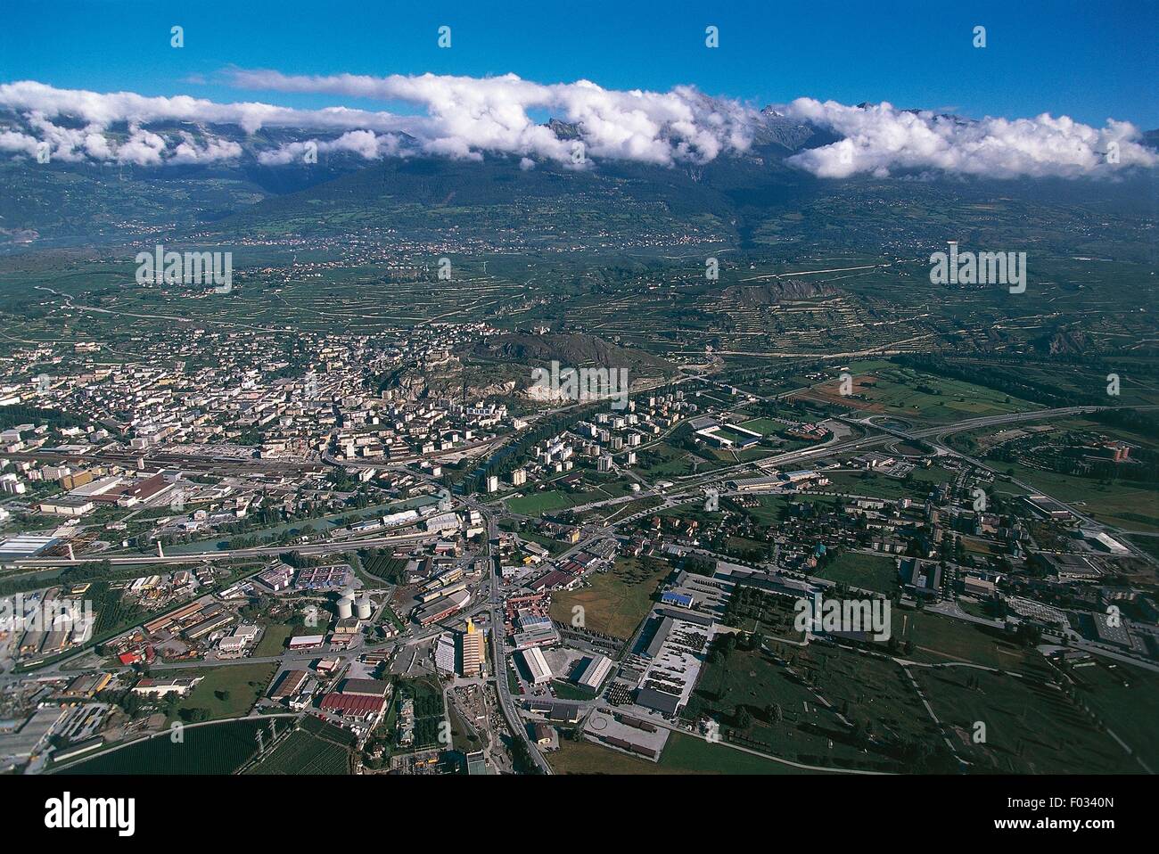 Aerial view of Sion and the Rhone Valley - Valais Canton, Switzerland ...