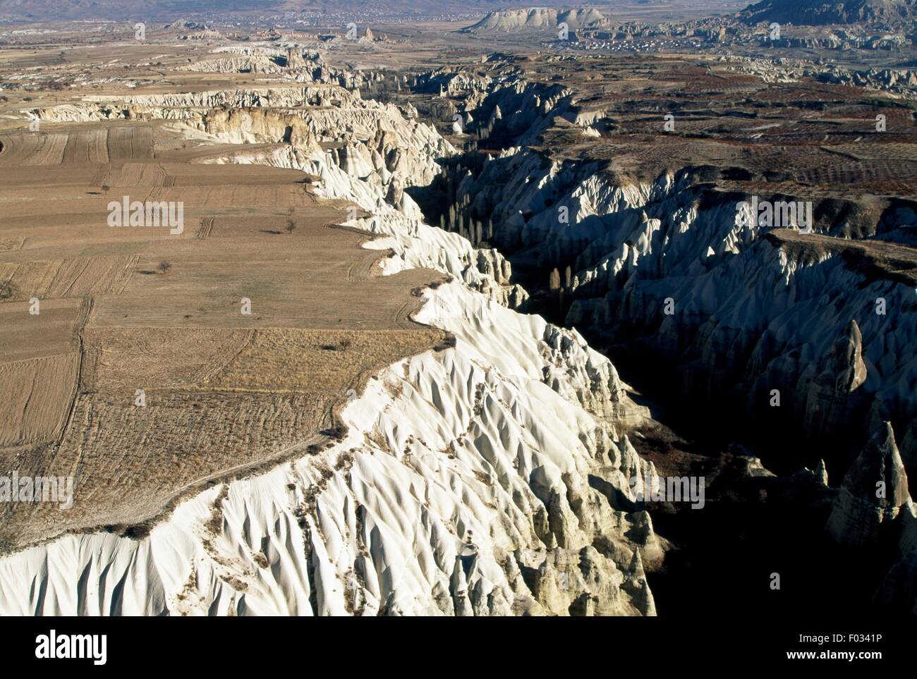Effects of rock erosion, Cappadocia, Turkey. Aerial view Stock Photo ...