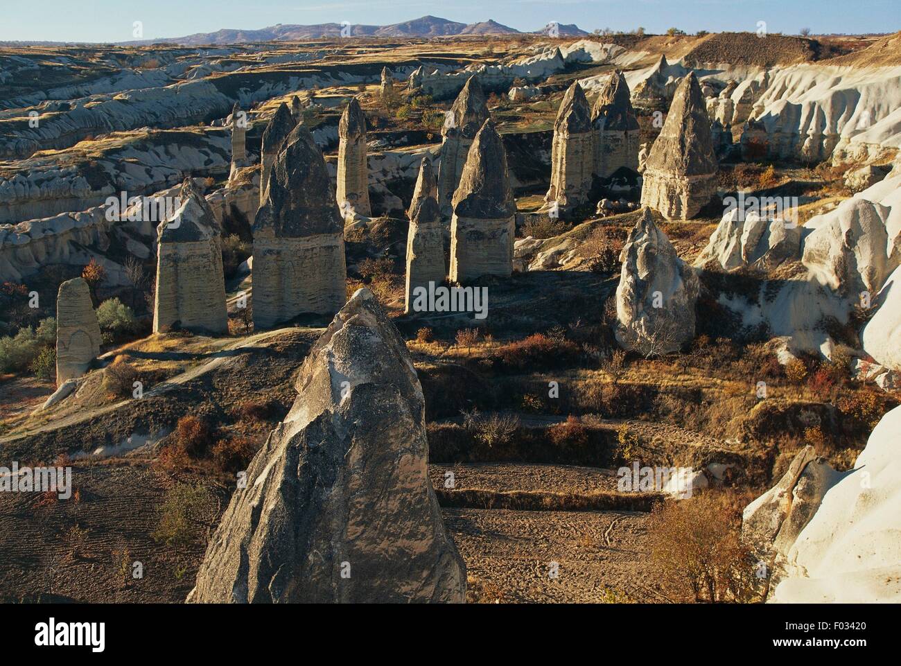 Aerial view of rock formations known as "fairy chimneys" in the Goreme ...