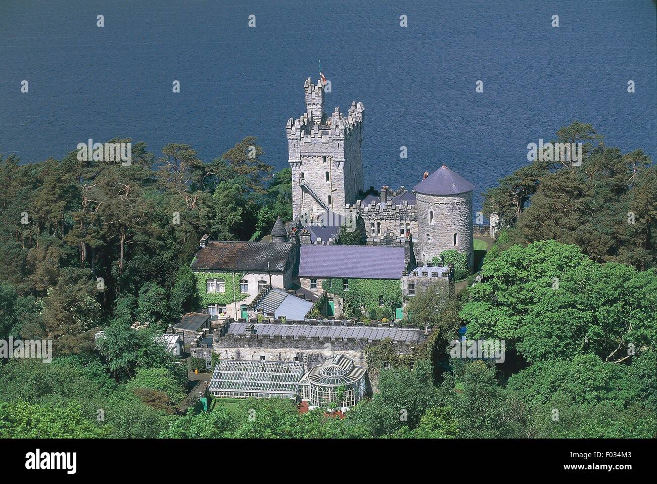Aerial view of castle at Lough Beagh lake- Glenveagh National Park ...