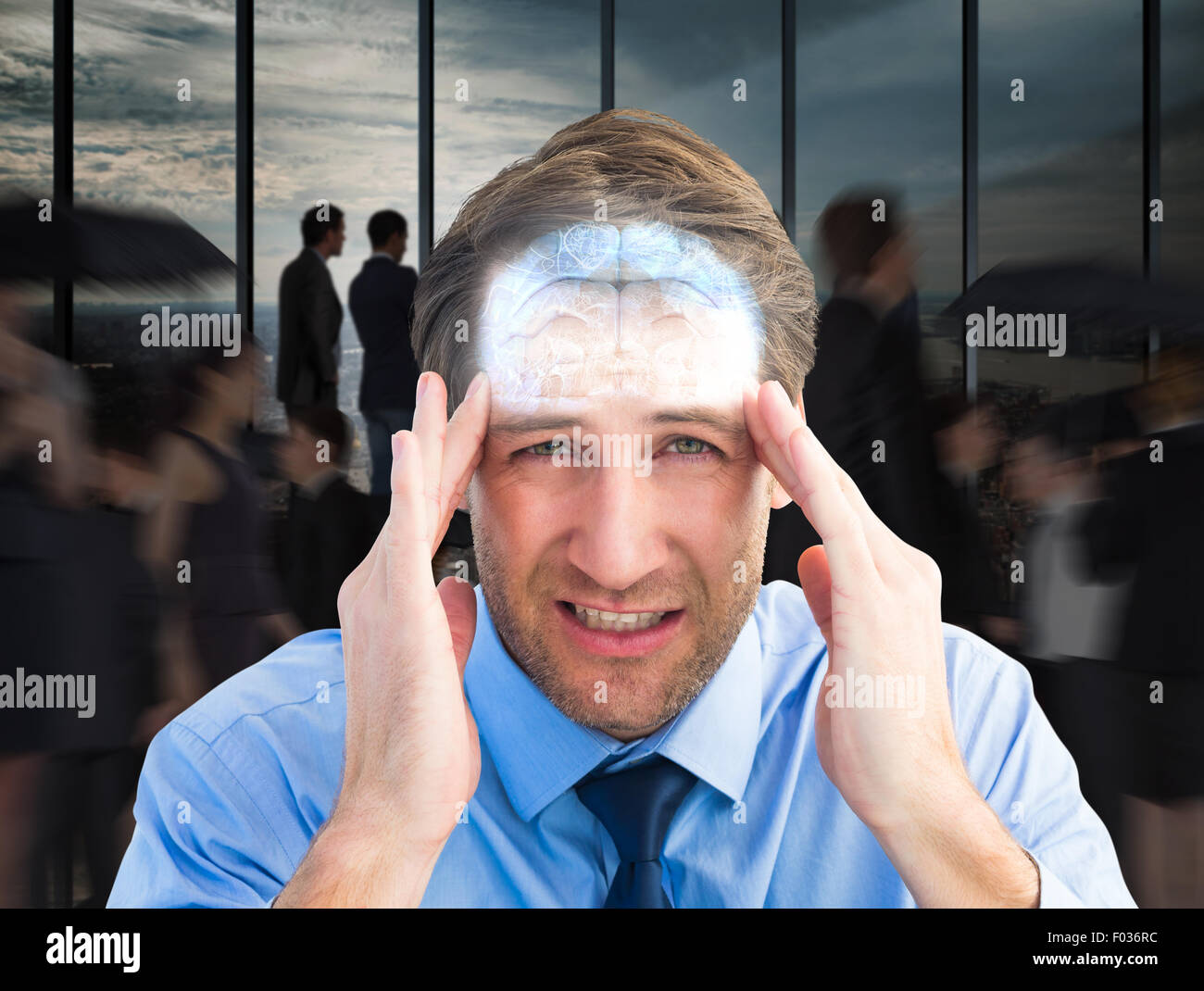 Composite image of young businessman with severe headache Stock Photo ...