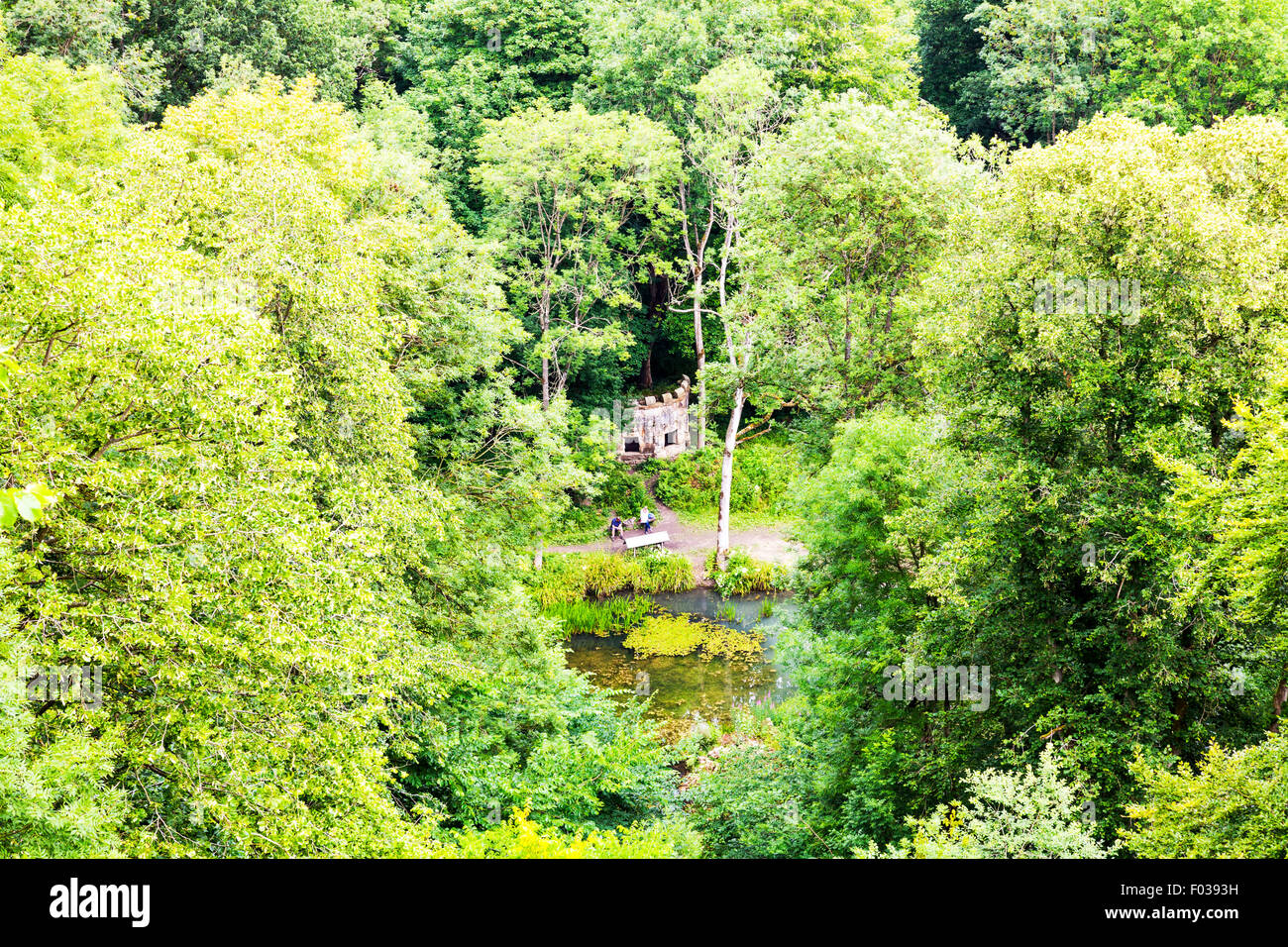 Hackfall Grewelthorpe folly people sat near lake through trees North ...