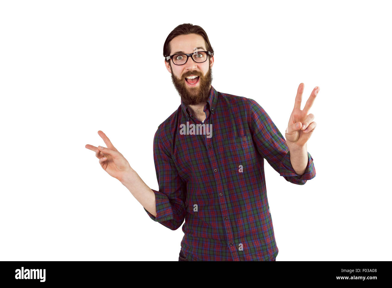 Handsome hipster showing peace sign Stock Photo - Alamy