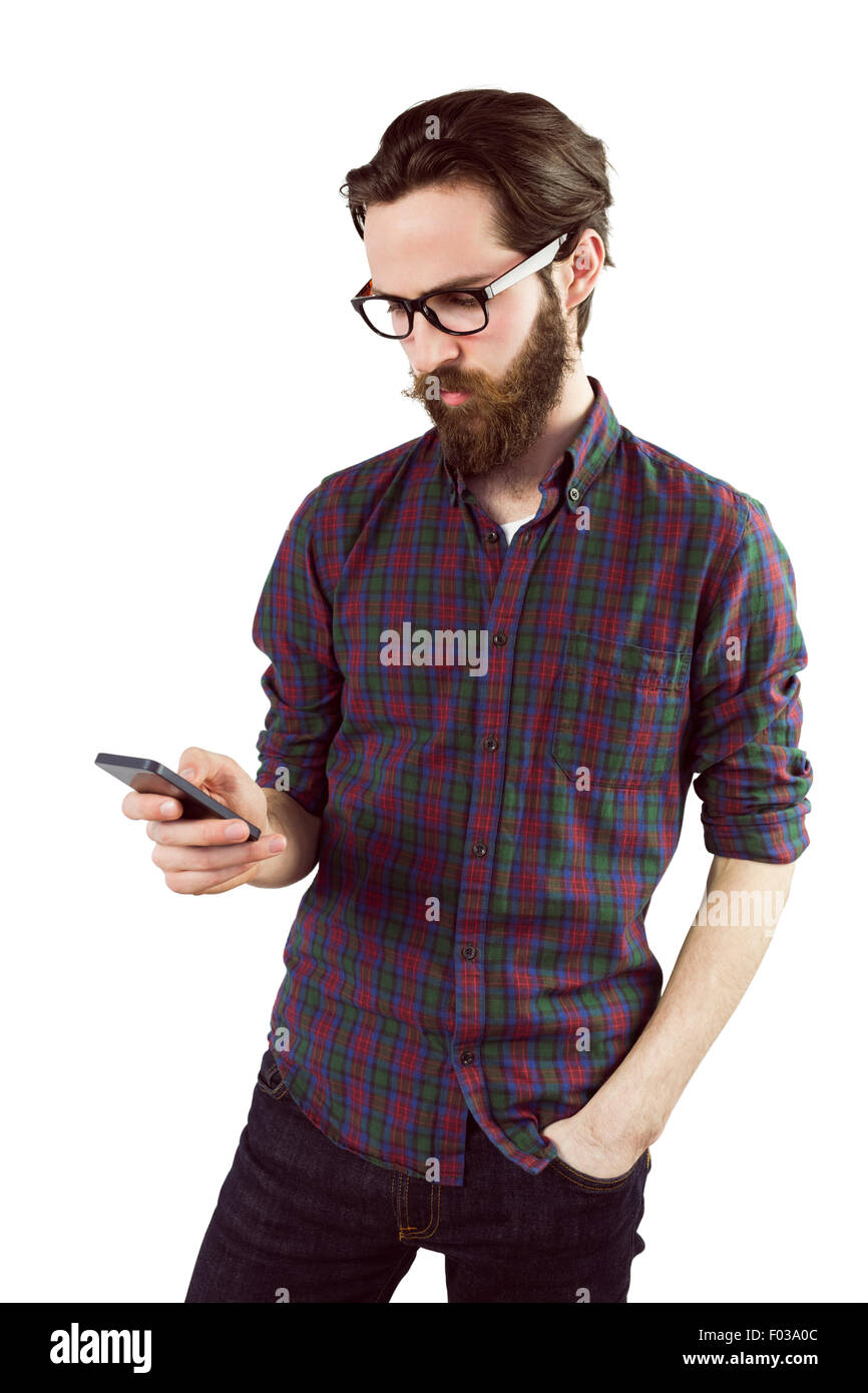 Handsome man beard using smartphone Cut Out Stock Images & Pictures - Alamy
