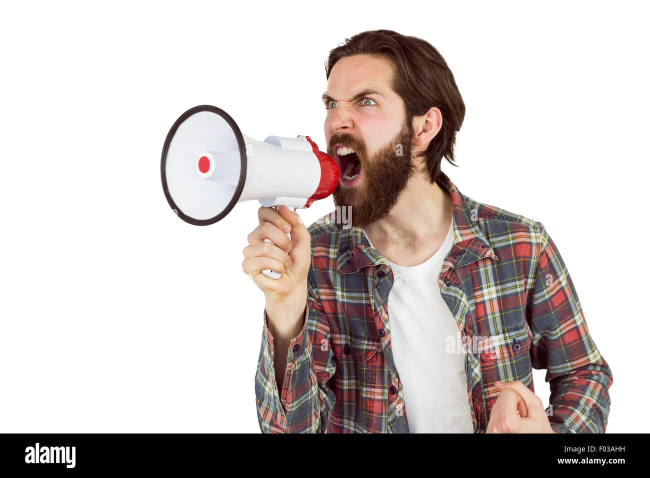Handsome hipster shouting through megaphone Stock Photo - Alamy