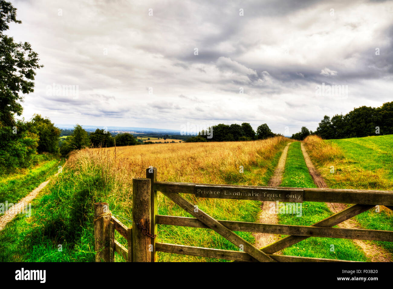 Private landmark trust only sign on farm gate Hackfall landscape crops ...