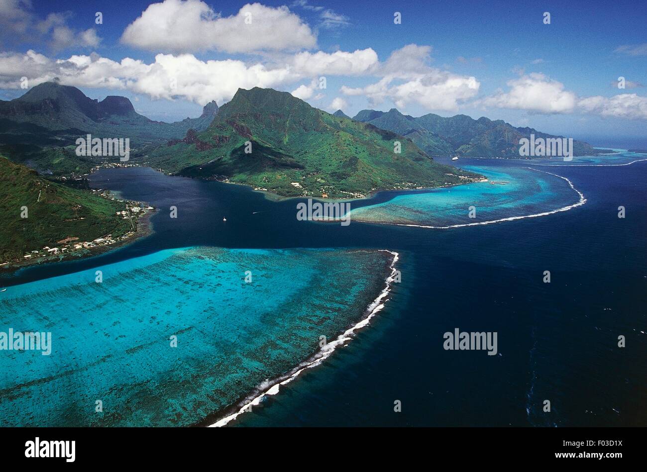 Aerial view of Cook's Bay with its coral reef, Moorea, Society Islands ...