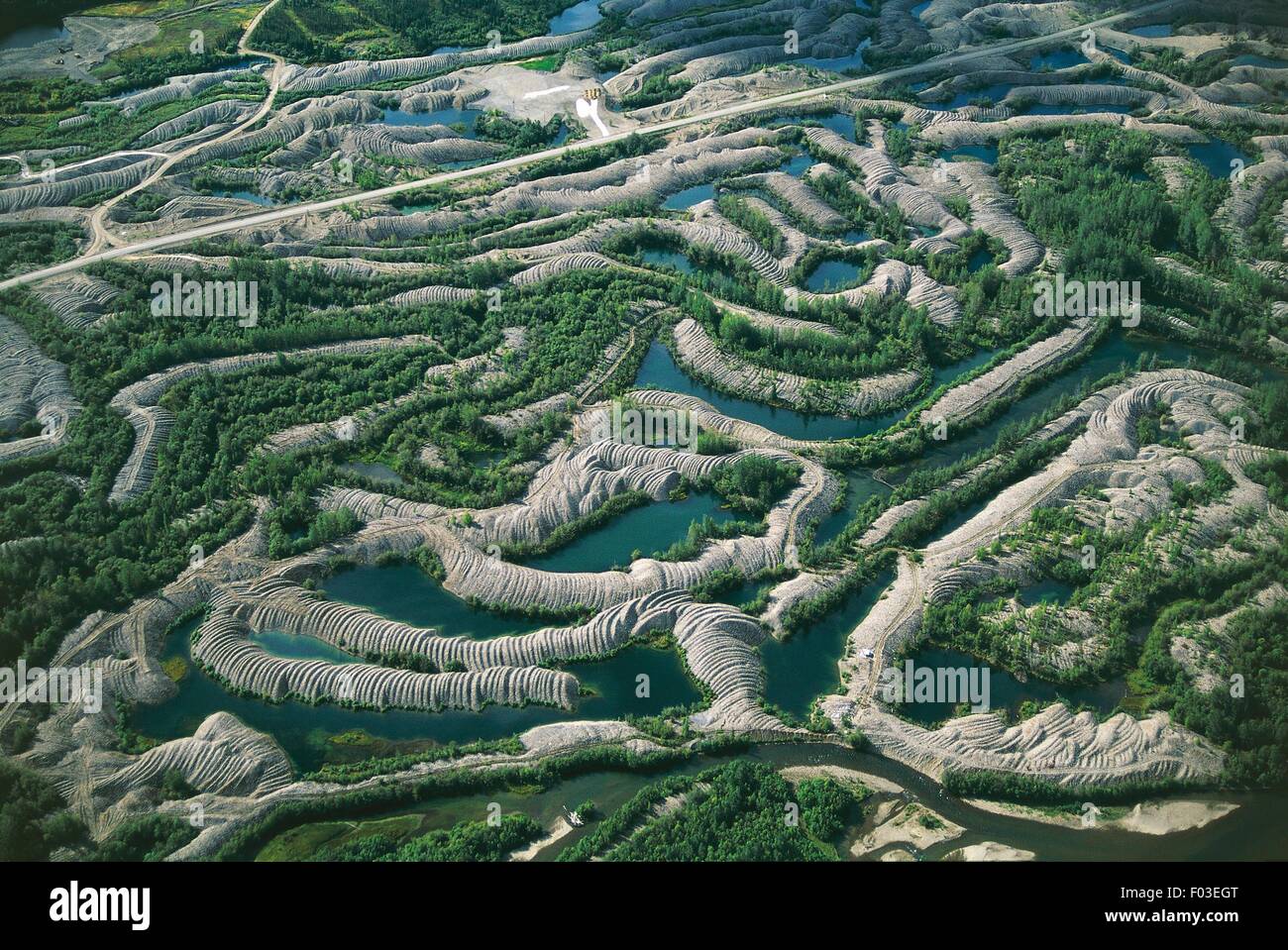 Aerial view of the goldfield of the Klondike River, surroundings of ...
