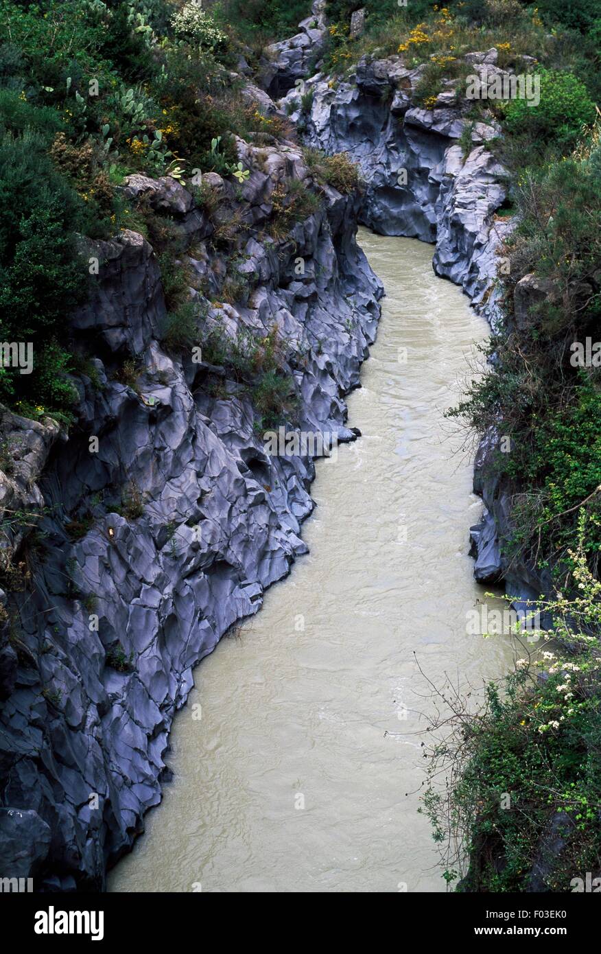 Alcantara River at Mitogio bridge, Alcantara River Park, Sicily, Italy ...