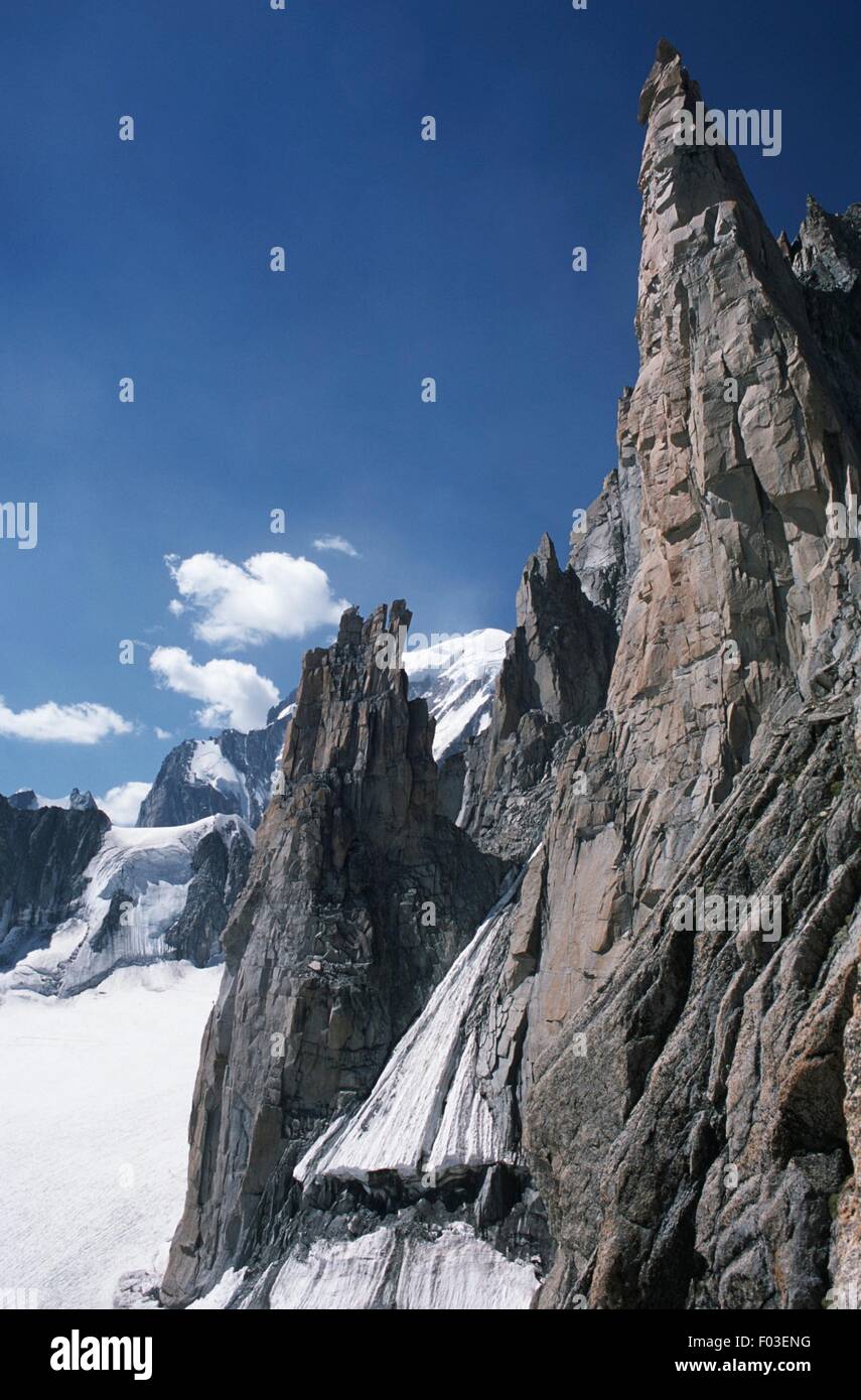 France - Mont Blanc Massif - Le Trident on the left and Grand Capucin ...