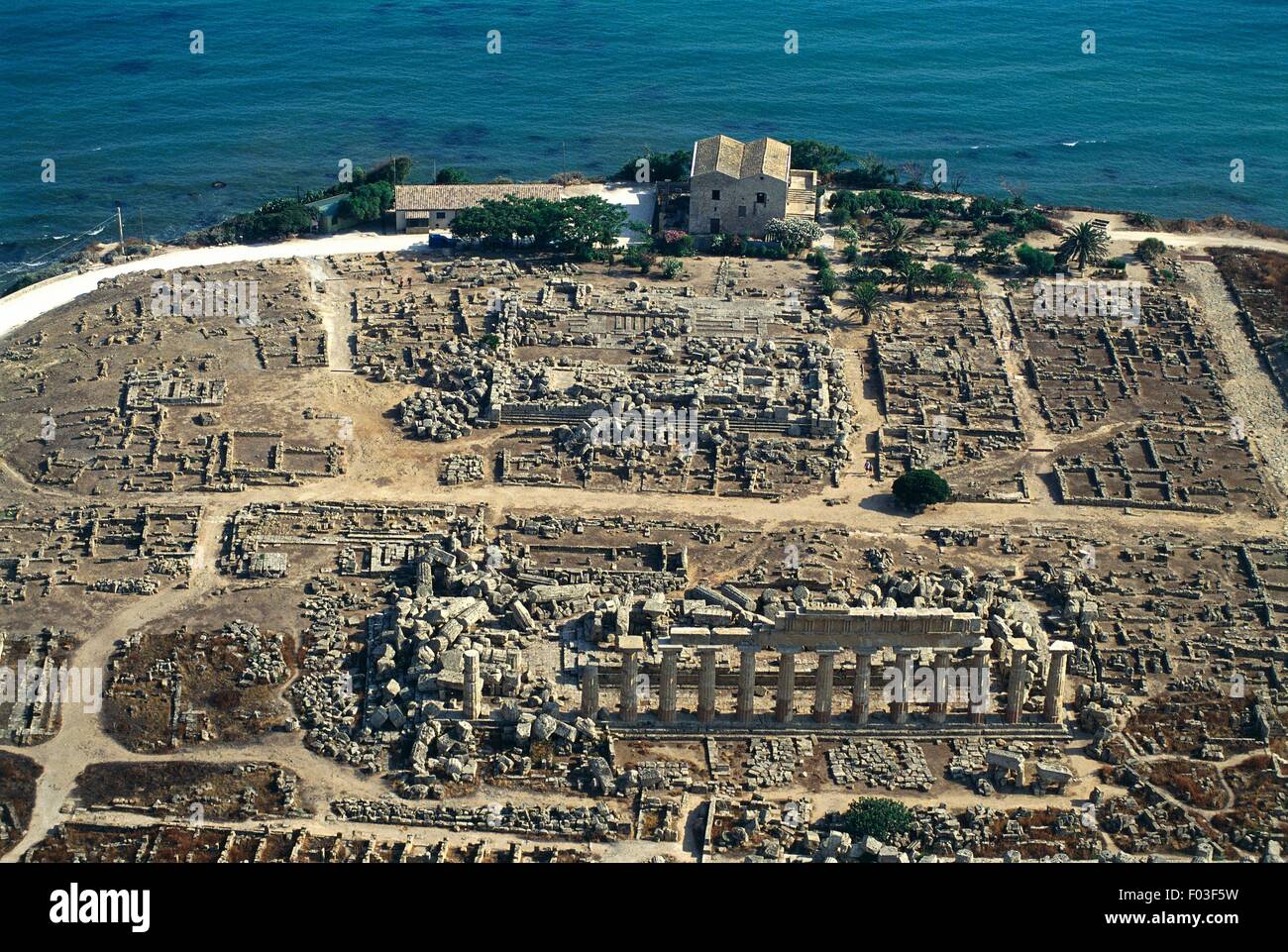Aerial view of temple C in the Archaeological Park of Selinunte Stock ...