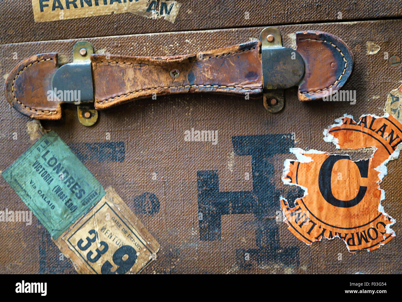 Closeup of luggage labels on vintage suitcase Stock Photo - Alamy