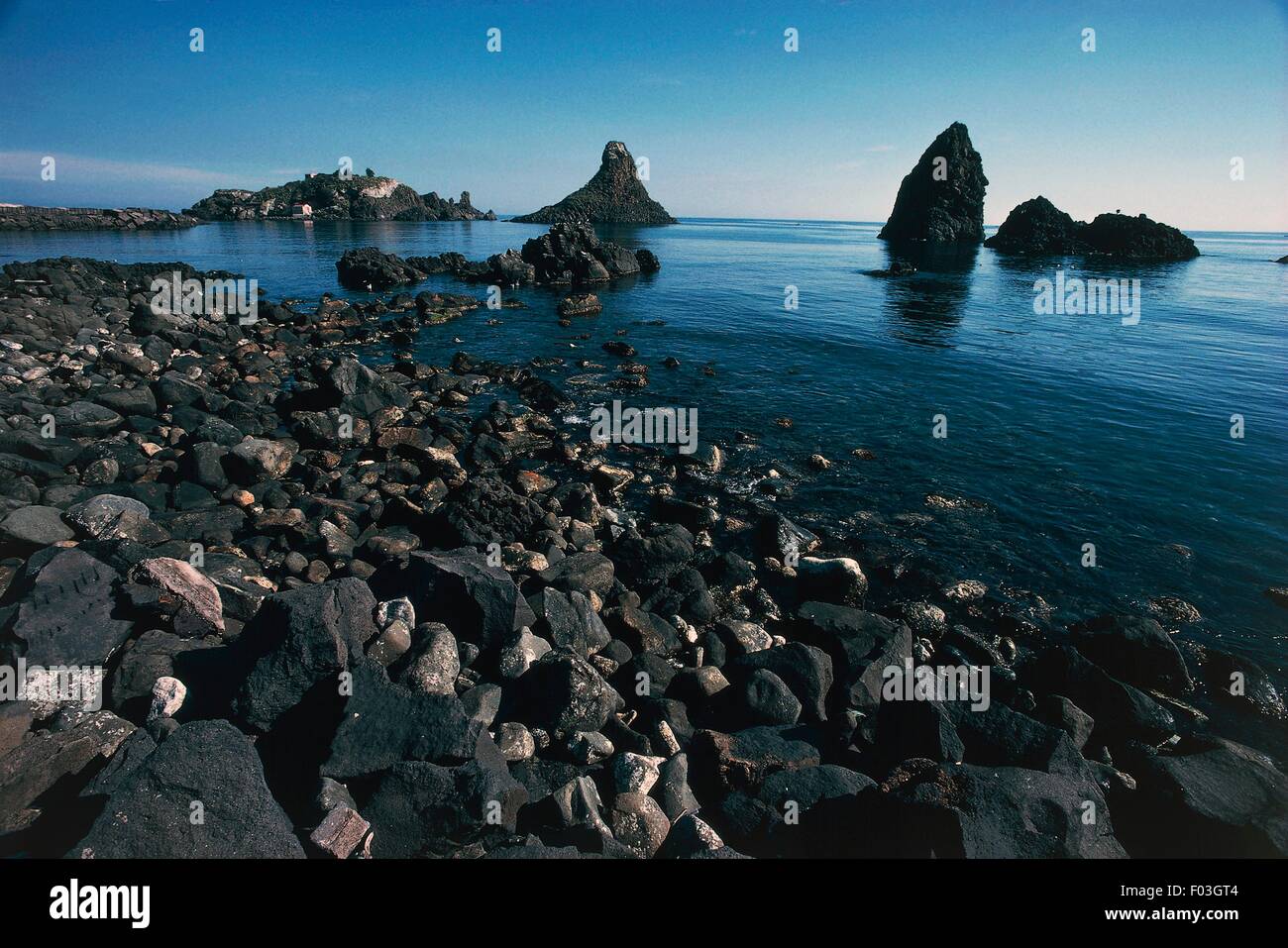 Basaltic columns, Cyclopean Isles, Aci Trezza, Sicily, Italy Stock ...