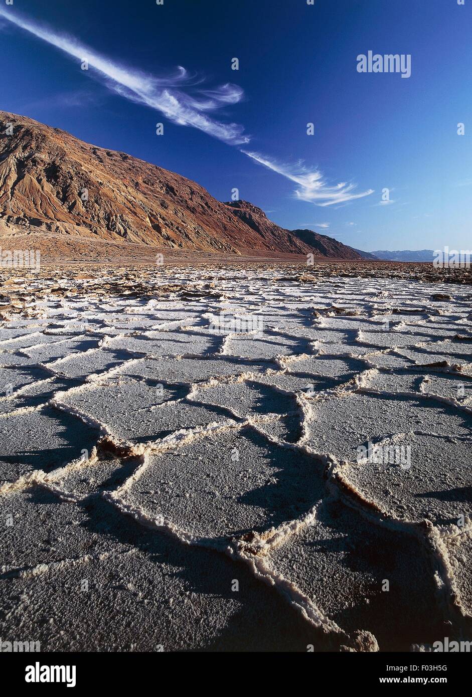 Badwater Basin depression (85 meters below sea level), salt flats ...