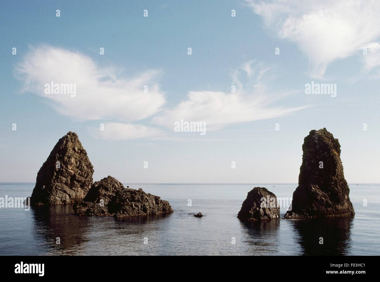 Basaltic columns, Cyclopean Isles, Aci Trezza, Sicily, Italy Stock ...