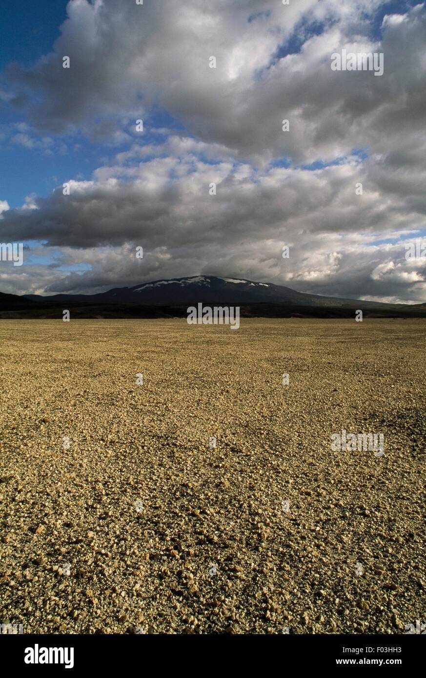 Lava desert with Hekla Solvahraun Volcano in the background ...