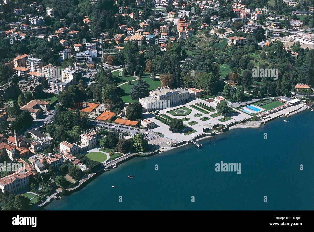 Aerial view of Villa Olmo at Como, on Lake Como or Lario - Lombardy ...