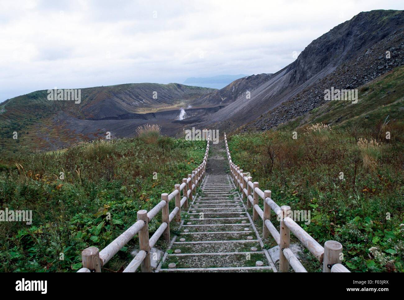 Wooden walkway, Usu volcano (Usu-zan), Shikotsu-Toya National Park ...