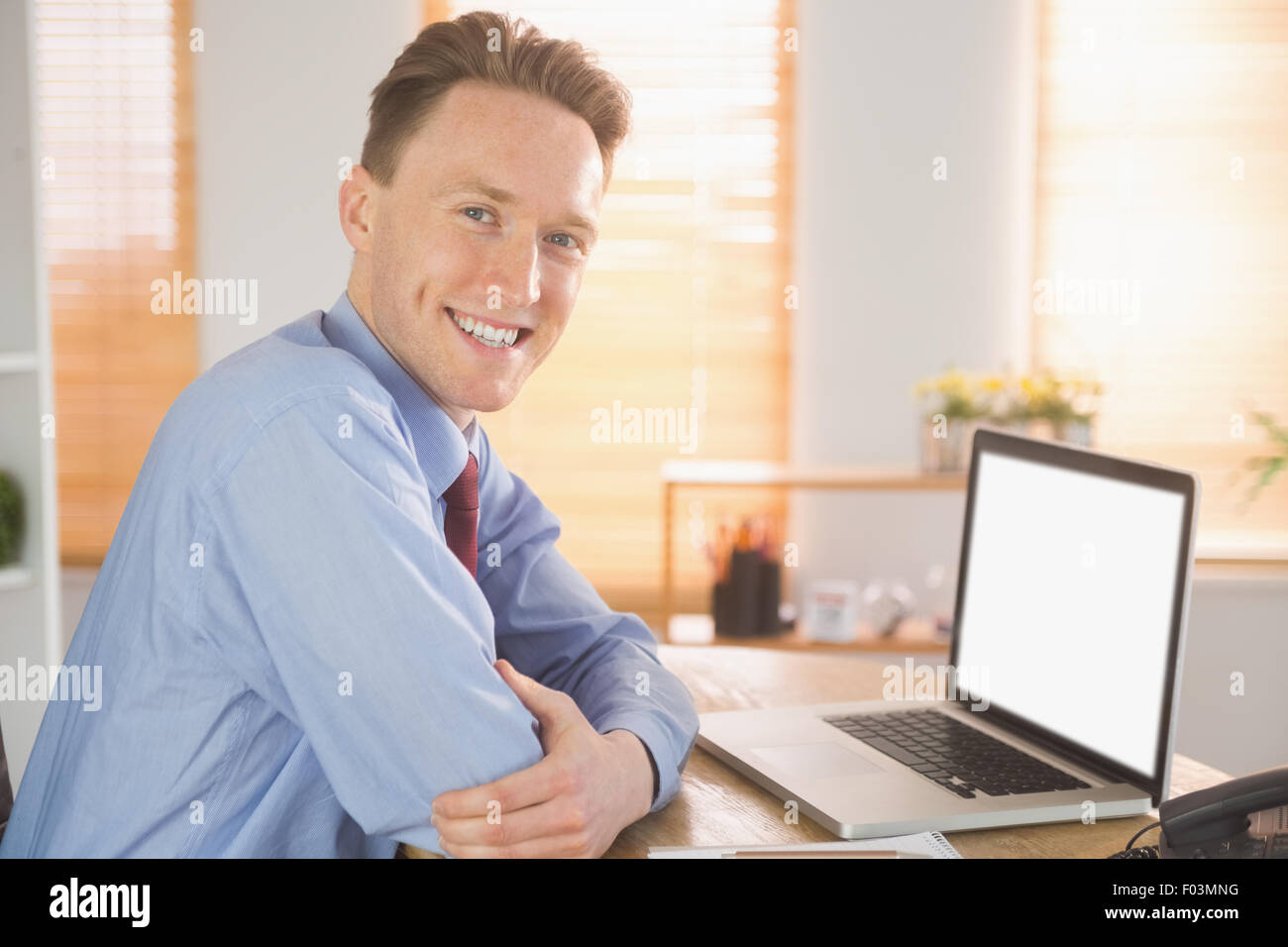 Happy businessman working with laptop Stock Photo - Alamy