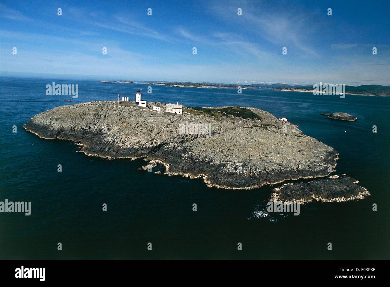 Aerial view of the island of Marstein and lighthouse, built in 1887 ...