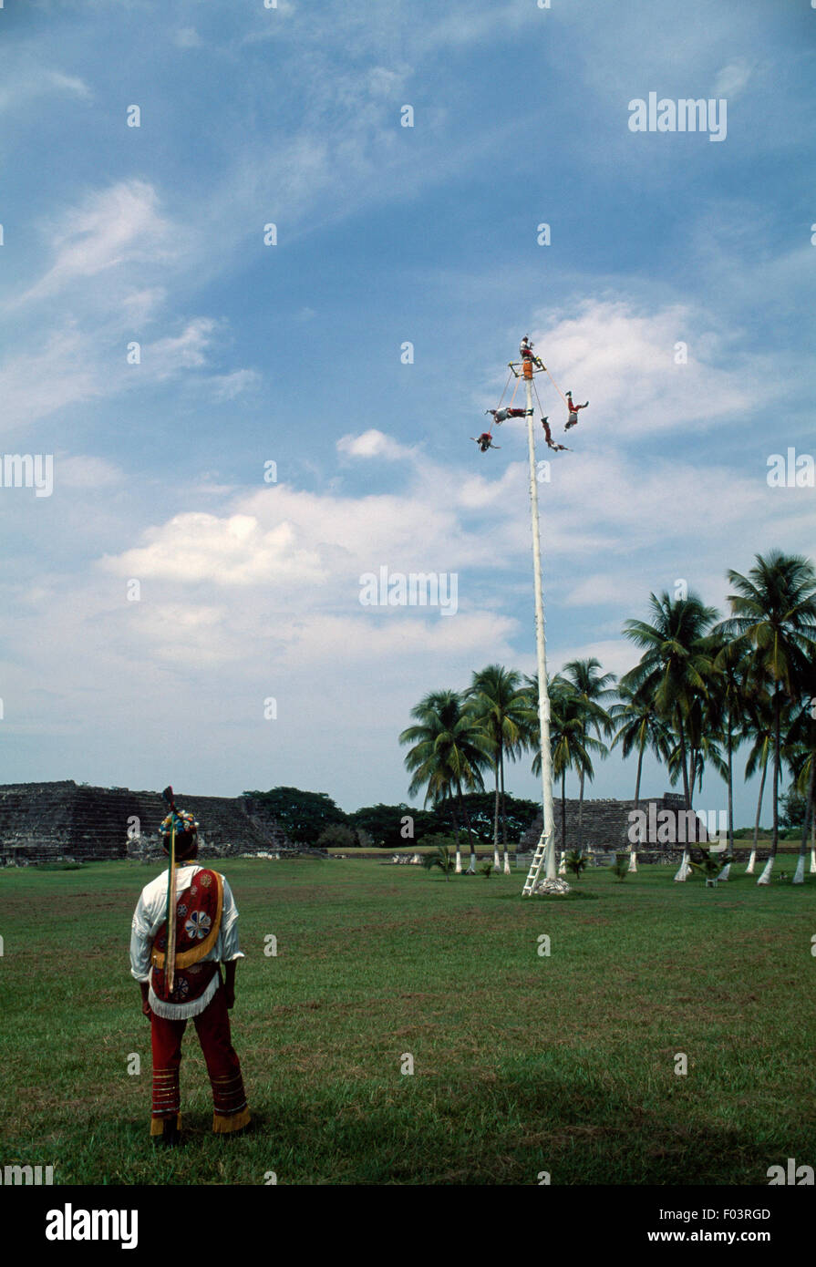 Voladores (flying men) launching themselves from the platform atop the ...