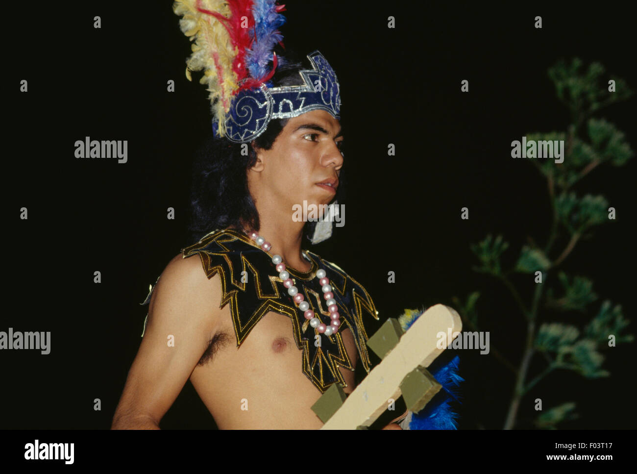 Character in an Aztec costume during the performance of the Bani Stui ...
