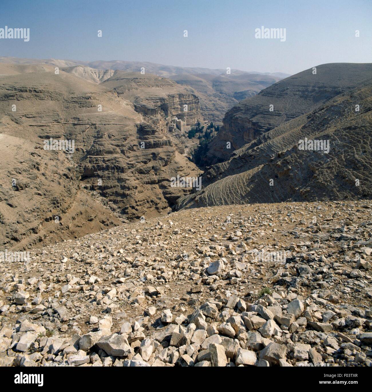 Judaean Desert landscape, in the background the monastery of St George ...