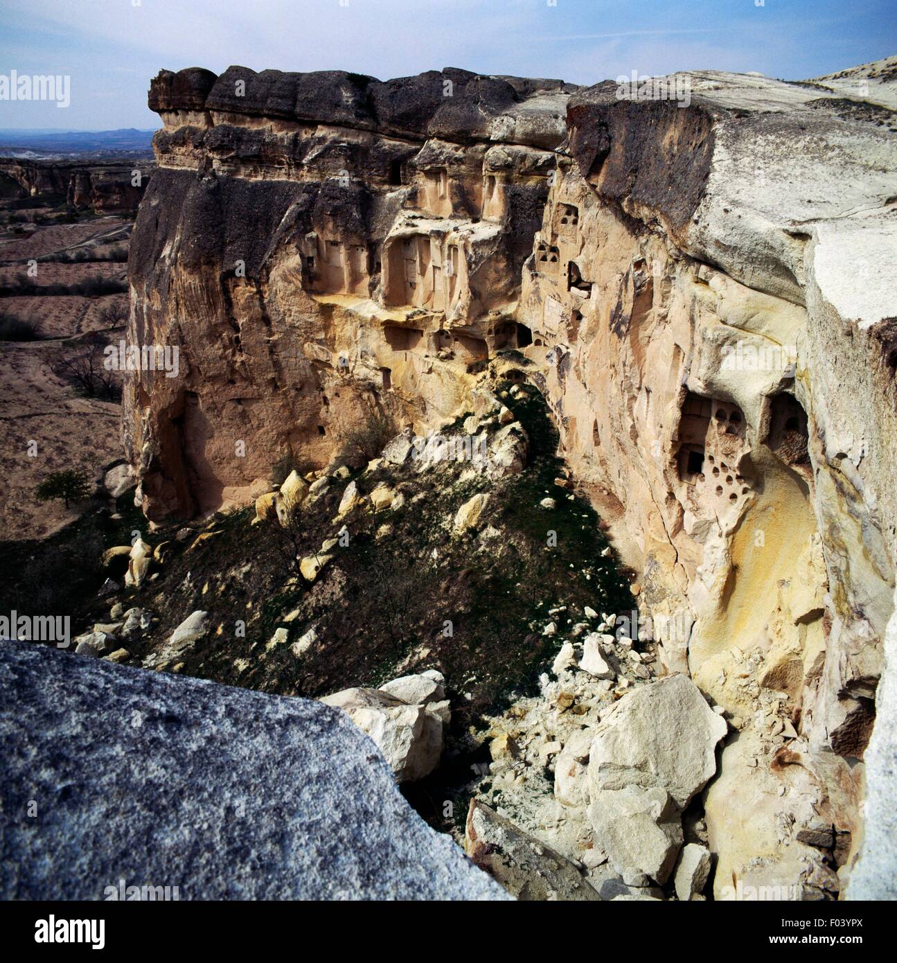 Rock settlements dug into the vulcanic tuff, Cappadocia, Turkey Stock ...